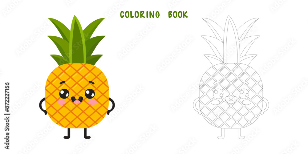 Coloring book of groovy cartoon pineapple. Coloring page of happy cute ...