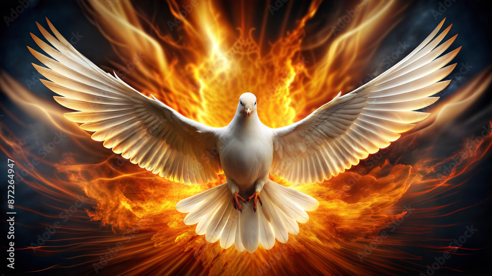 Holy Spirit dove flying with open wings in the middle of fire flames ...
