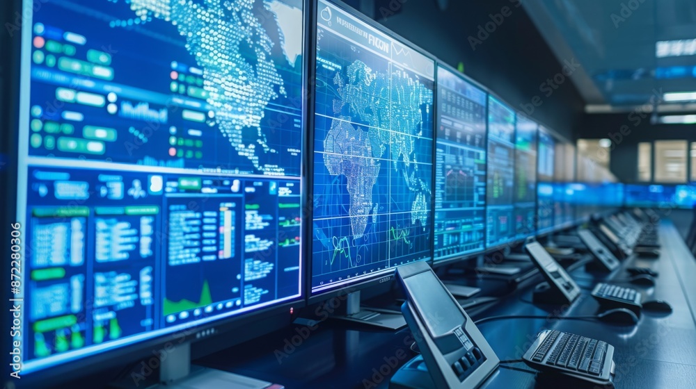 Multiple monitors in a monitoring room show charts, graphs, and data visualizations alongside a ...