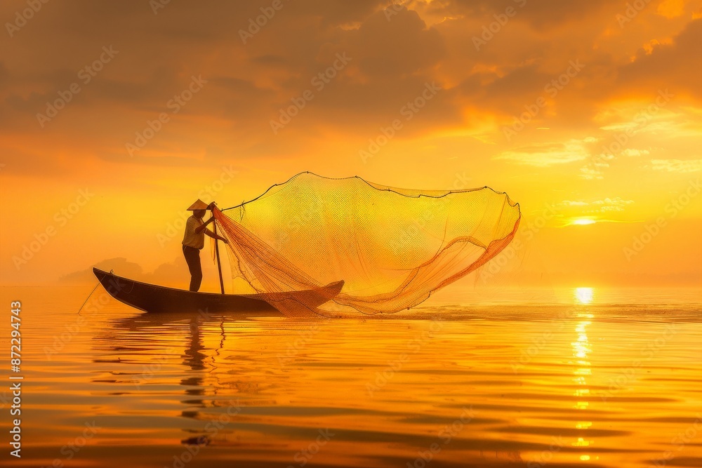 Fisherman casting a net into the ocean at dawn, the golden light and ...