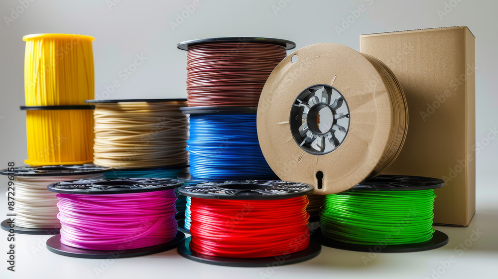 Colorful plastic spools (PLA) and cardboard stand out on a white ...