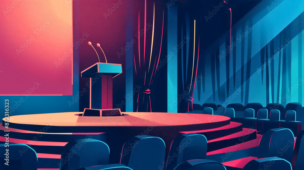 Debate or speech stage with microphones under a spotlight. Business ...