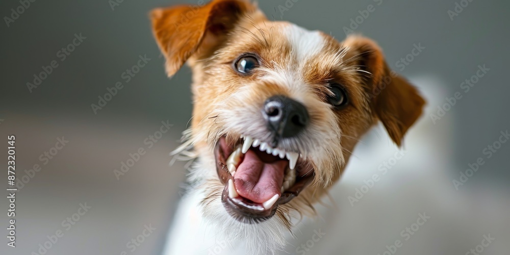 Small dog baring teeth and barking fiercely, showing aggression and ...
