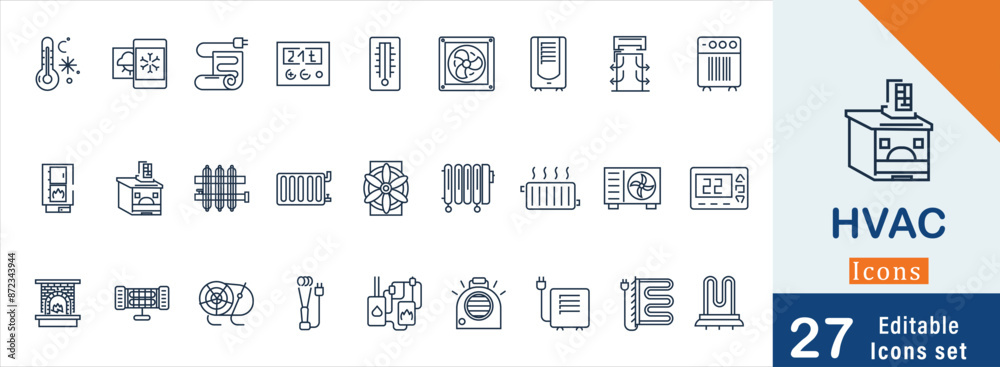 Set of 27 outline icons related to HVAC. Linear icon collection ...