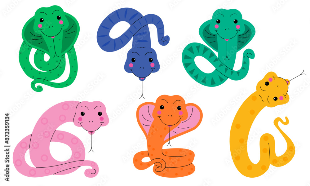 Snake characters set isolated on white background. Vector cartoon ...