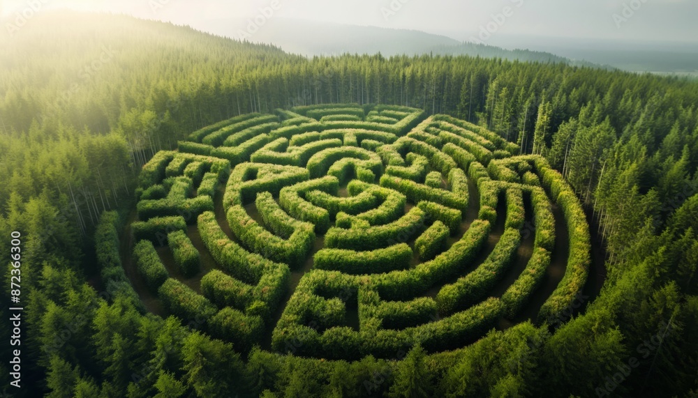 Impressive circular hedge maze encased by coniferous forest ...