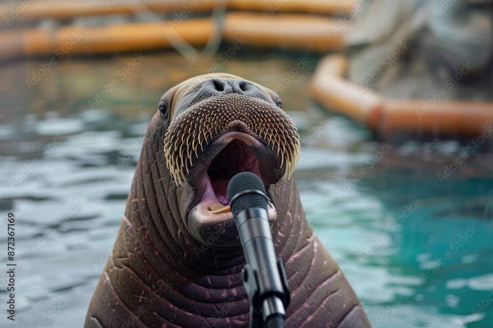 A walrus with its mouth open, appearing to be speaking into a ...