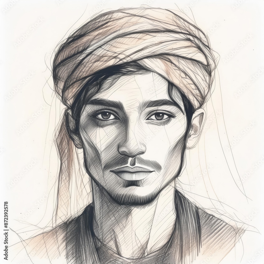 A turbanclad man in a pencil drawing, featuring detailed nose, cheek ...
