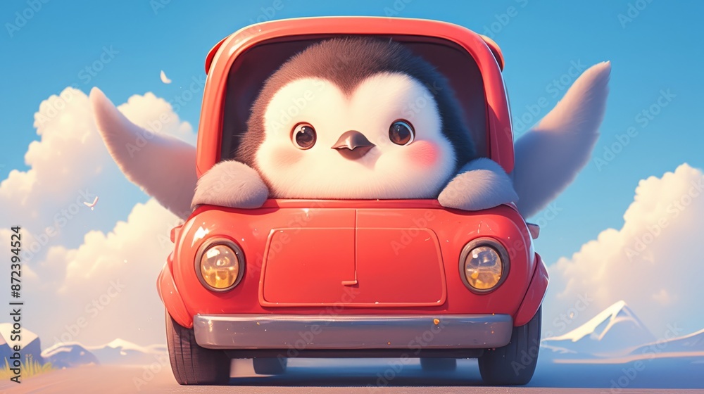 Cute cartoon penguin driving a red car on an adventure. Perfect for ...