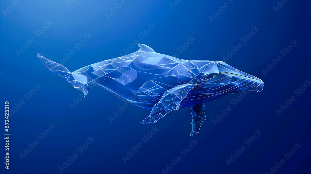 Digitally rendered blue whale composed of low polygon geometric shapes ...