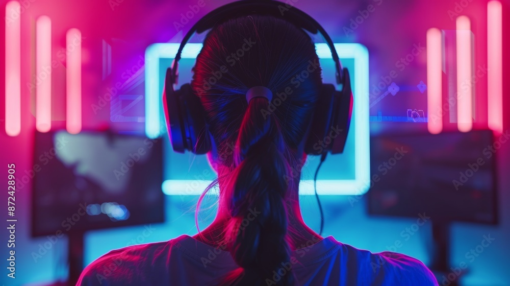 pro gamer man in headphones live streaming while playing online ...