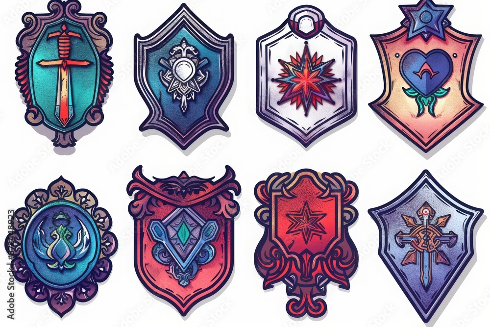 Set of 8 colorful heraldic emblems featuring intricate designs with ...