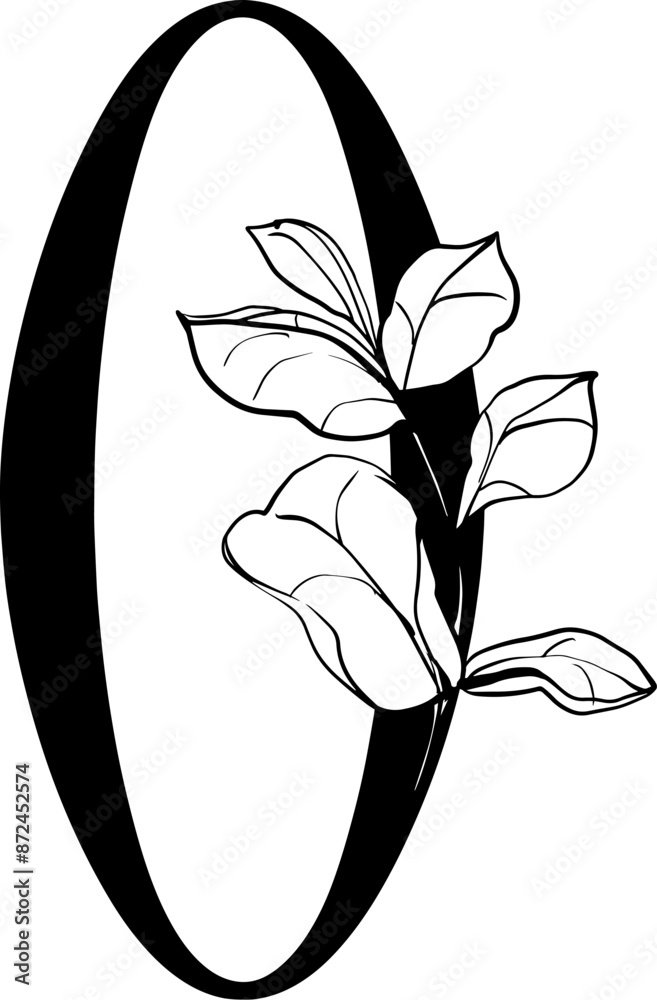 Floral number zero 0 in minimalistic style, line art drawing, vector ...