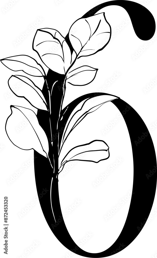 Floral number zero 0 in minimalistic style, line art drawing, vector ...