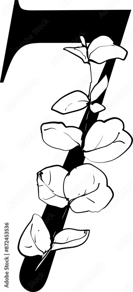 Floral number seven 7 in minimalistic style, line art drawing, vector ...