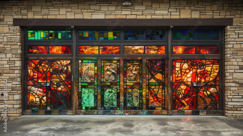 garage door designed to look like a series of antique stained glass ...