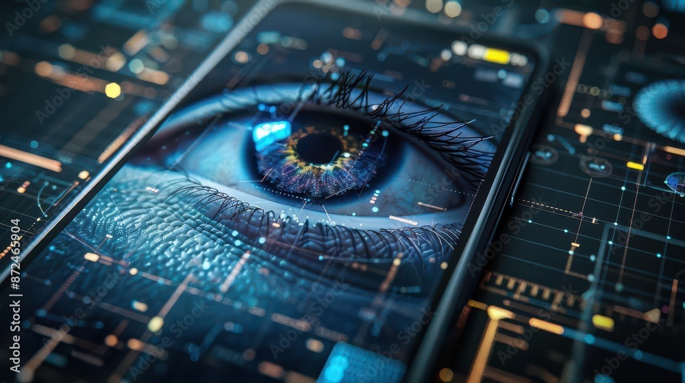 Iris recognition in smartphones theme top view increasing device security advanced tone ...