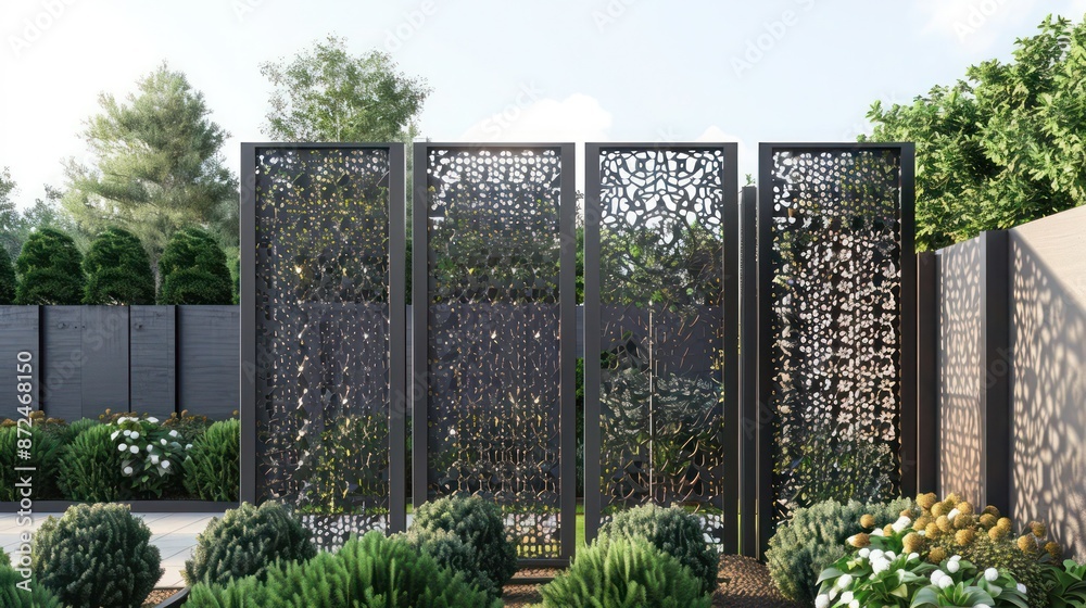 Foto de Stock modular metal fence with perforated panels that create a ...