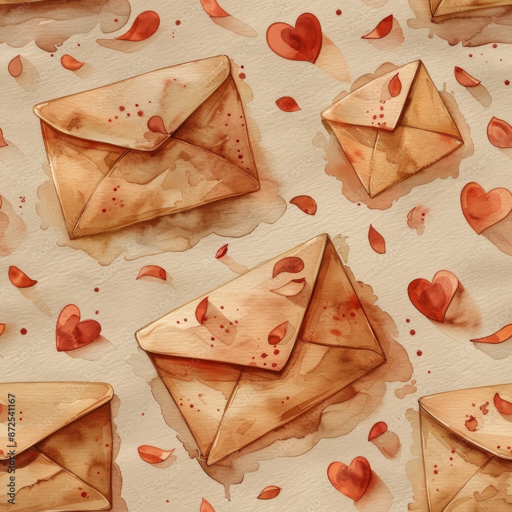 watercolor Handwritten love letters and envelopes scattered with hearts ...