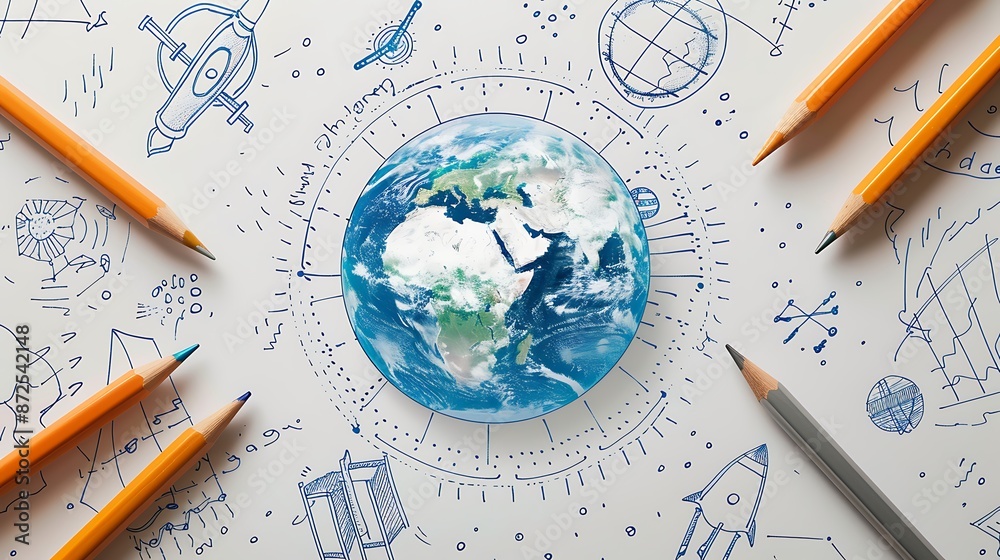 FHD high resolution images A hand drawing of the Earth with icons and ...