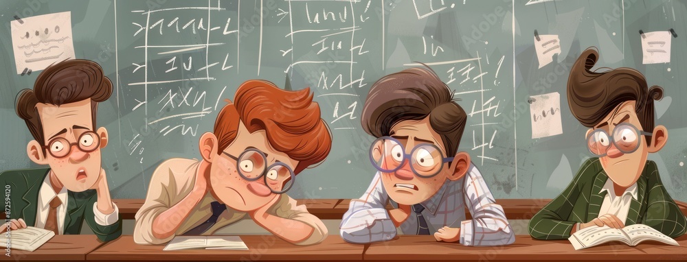 Stressed and confused cartoon students struggling with a difficult math ...