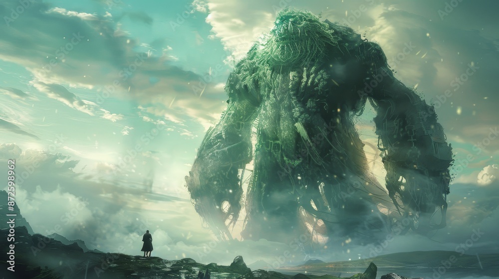 Gargantuan male figure on a complex layer, rendered in a digital art ...