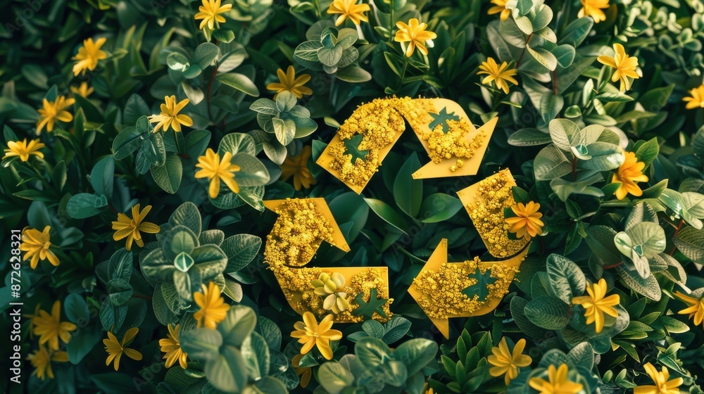 Recycle sign covered with yellow plants against green background, save ...