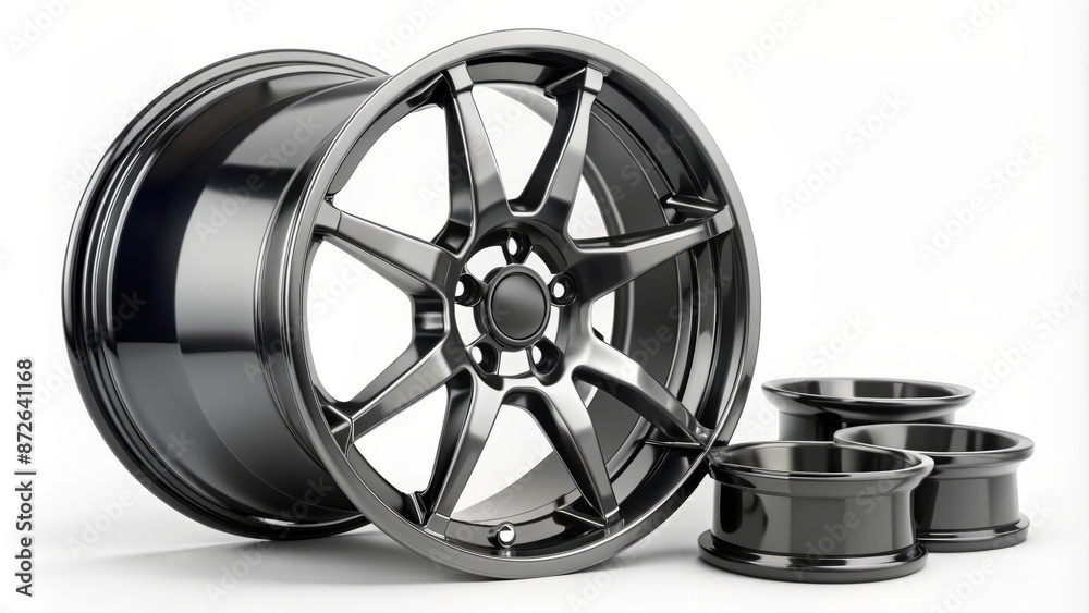 Glossy high-performance car wheels with custom matte-black rims, chrome ...