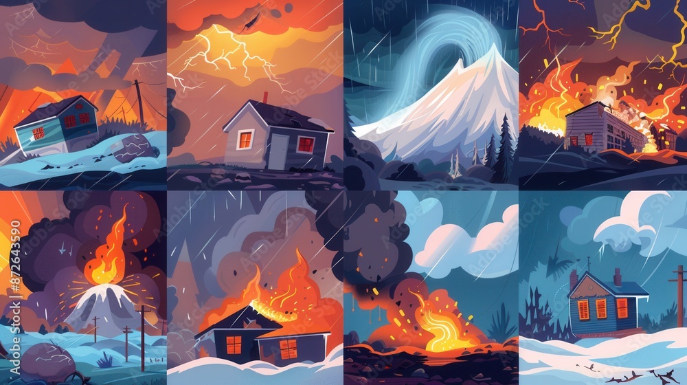 6 cartoon illustrations of natural disasters: hurricane, forest fire ...