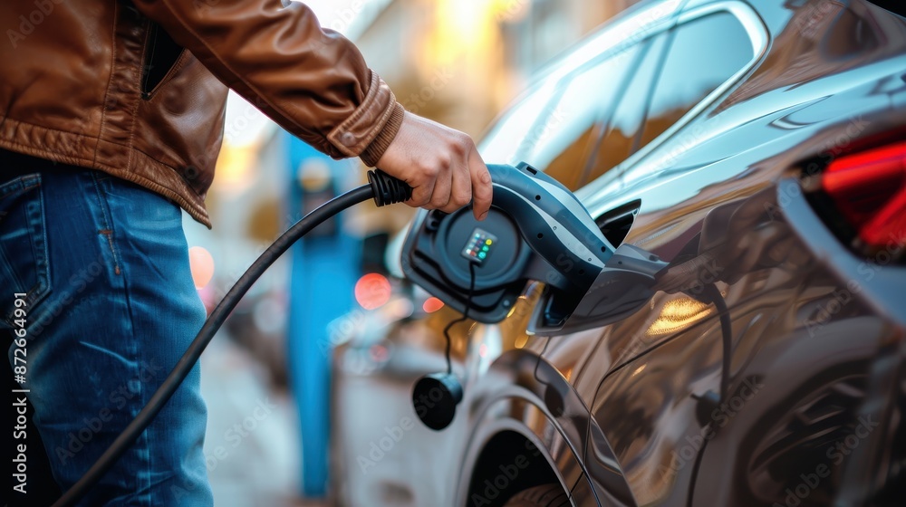 Close-up man holding power supply cable at electric vehicle charging ...