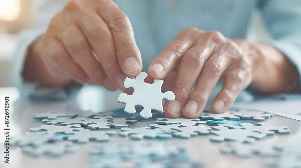 Close-up of a person assembling puzzle pieces, focusing on one piece in ...