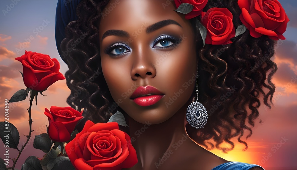 Beautiful young black model with long wavy black hair and red roses on ...