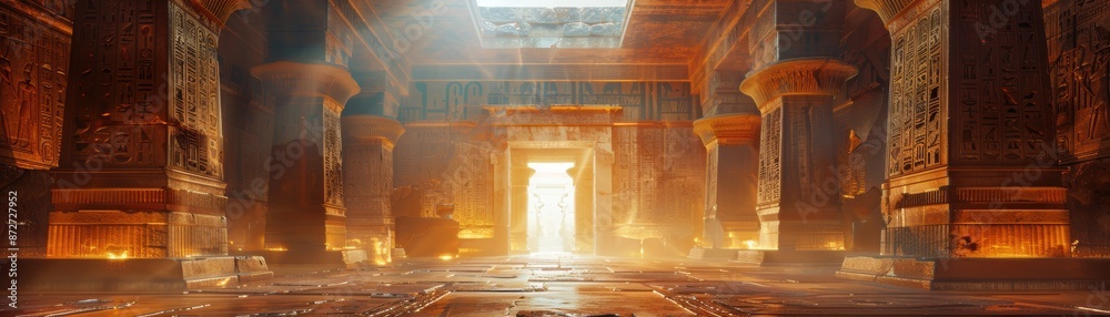 Sunlight streams into an ancient temple, illuminating grand pillars and ...