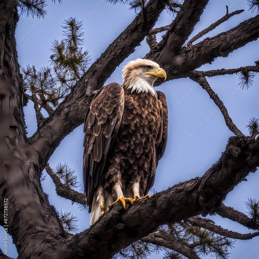 View from below of an immature bald eagle resting on a tree branch and ...
