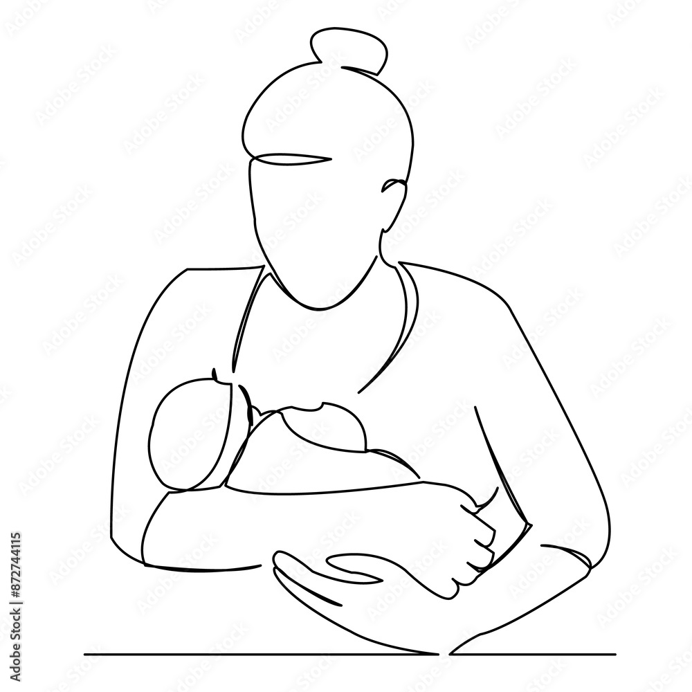 continuous single drawn one line woman is breastfeeding a child drawn ...