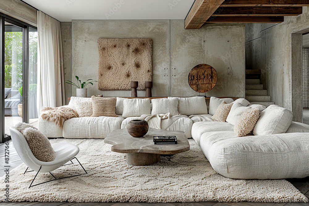 Cozy modular corner sofa in room with concrete walls and staircase ...