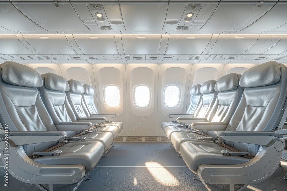 Empty passenger seats in an airplane cabin, highlighting the spacious ...