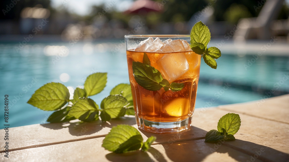 frosty glass of iced tea with mint leaves, placed on the edge of a ...