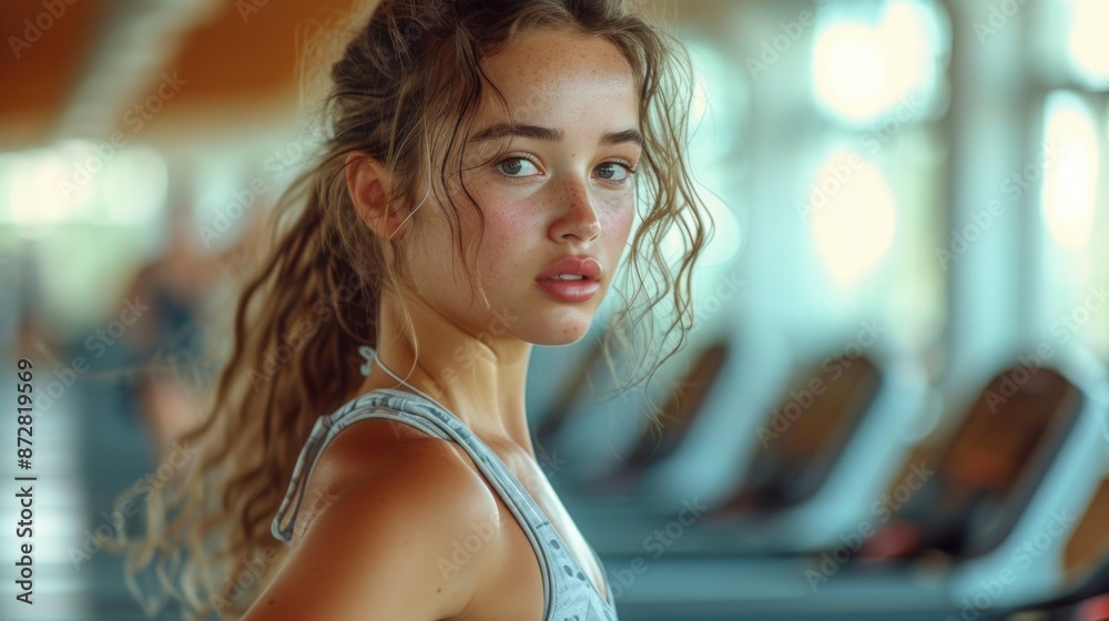 A young woman with curly hair and freckles looks intensely at the ...