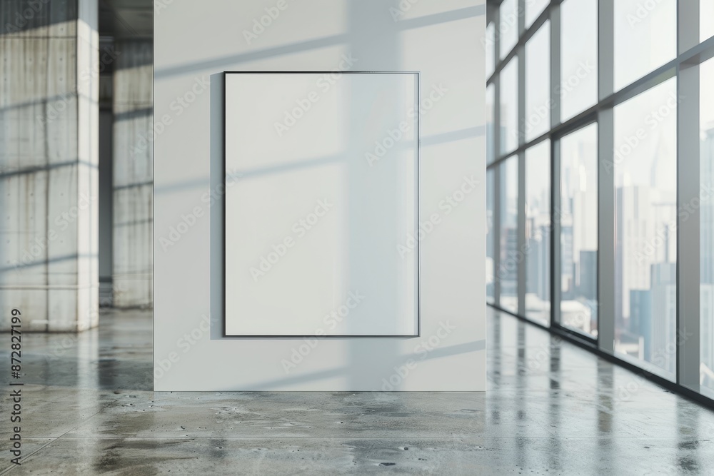 Room with concrete floor, white decorative columns and big blank white ...