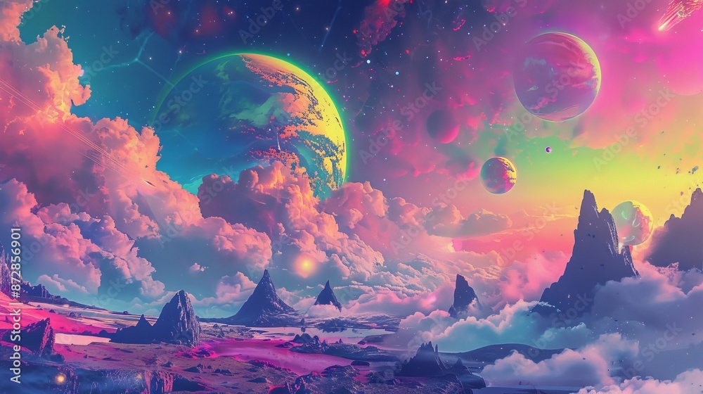 Illustrate a psychedelic dream world where gravity is defied, objects ...