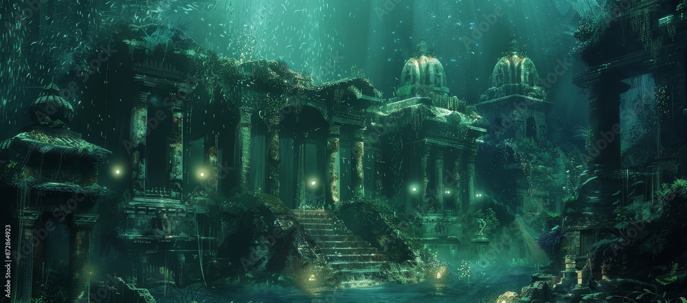 Underwater sunken ancient city with ruins and treasures of Atlantis ...