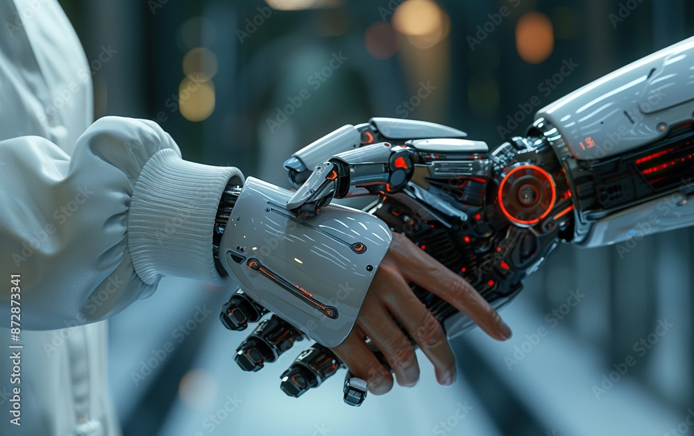 Robot and human shaking hands. The concept of human interaction with ...