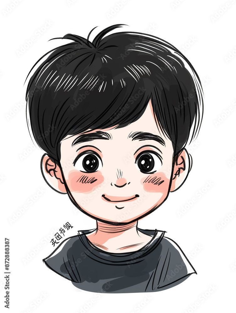 Chinese boy animation drawn, very cute boy, cartoon, funny and silly, front view, black, close ...