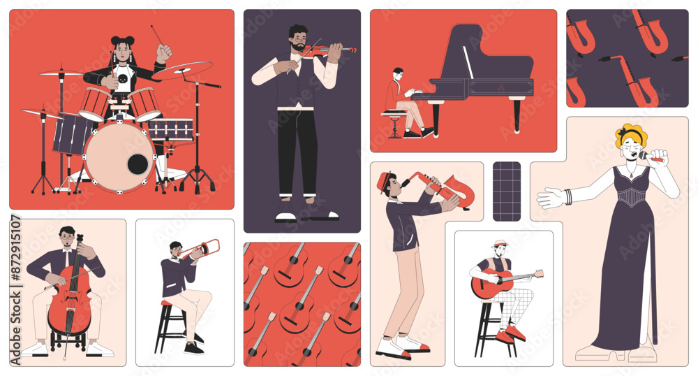Musicians instruments bento grid illustration set. Symphony orchestra ...