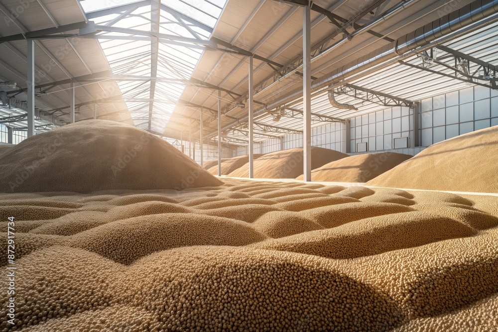 Warehouse interior with stacked hay bales under transparent roof ...