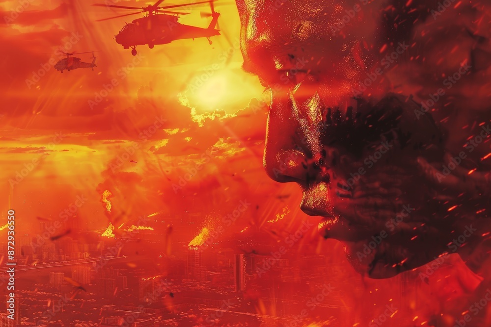 Conflict, army, and camouflaged soldier with fire in warzone for ...