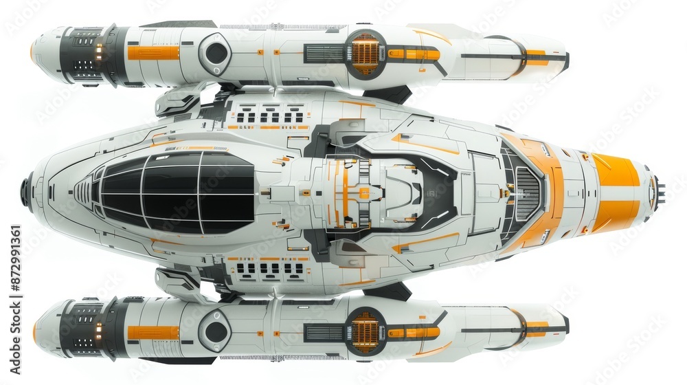 Against a transparent background, an orange and white space ship can be ...