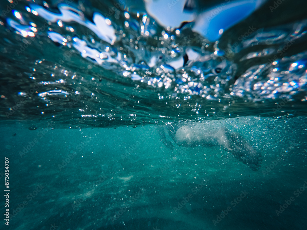 An underwater shot capturing a swimmer immersed in the clear blue ocean ...