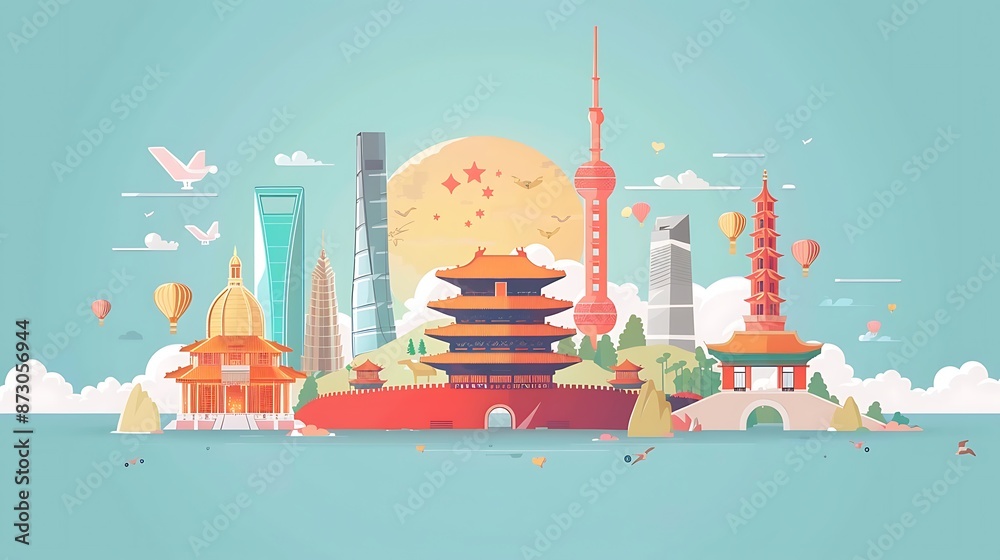 Illustration of Famous Chinese Landmarks and City Skyline with ...